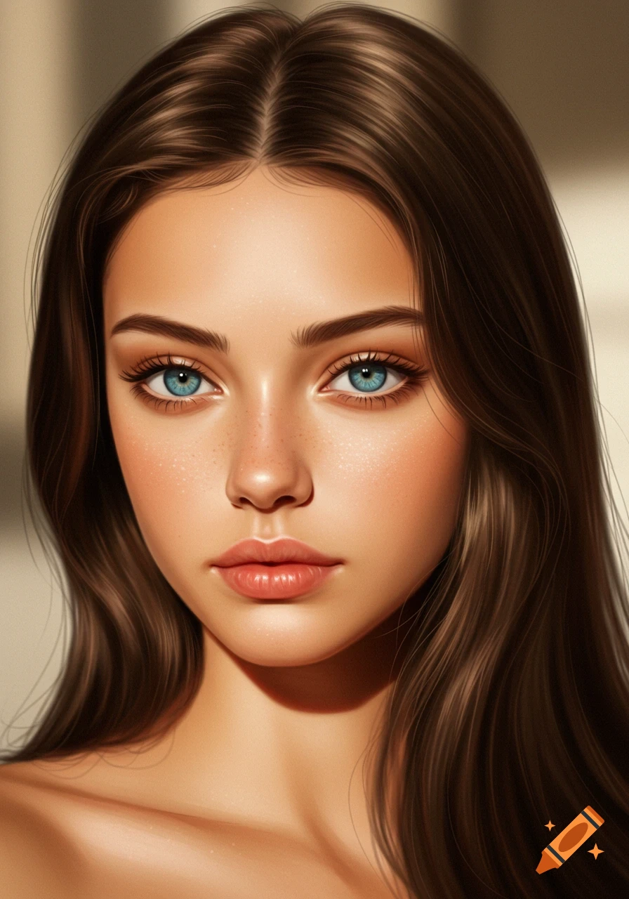 Close-up photorealistic portrait of a young woman with long wavy brown hair, light green eyes ...
