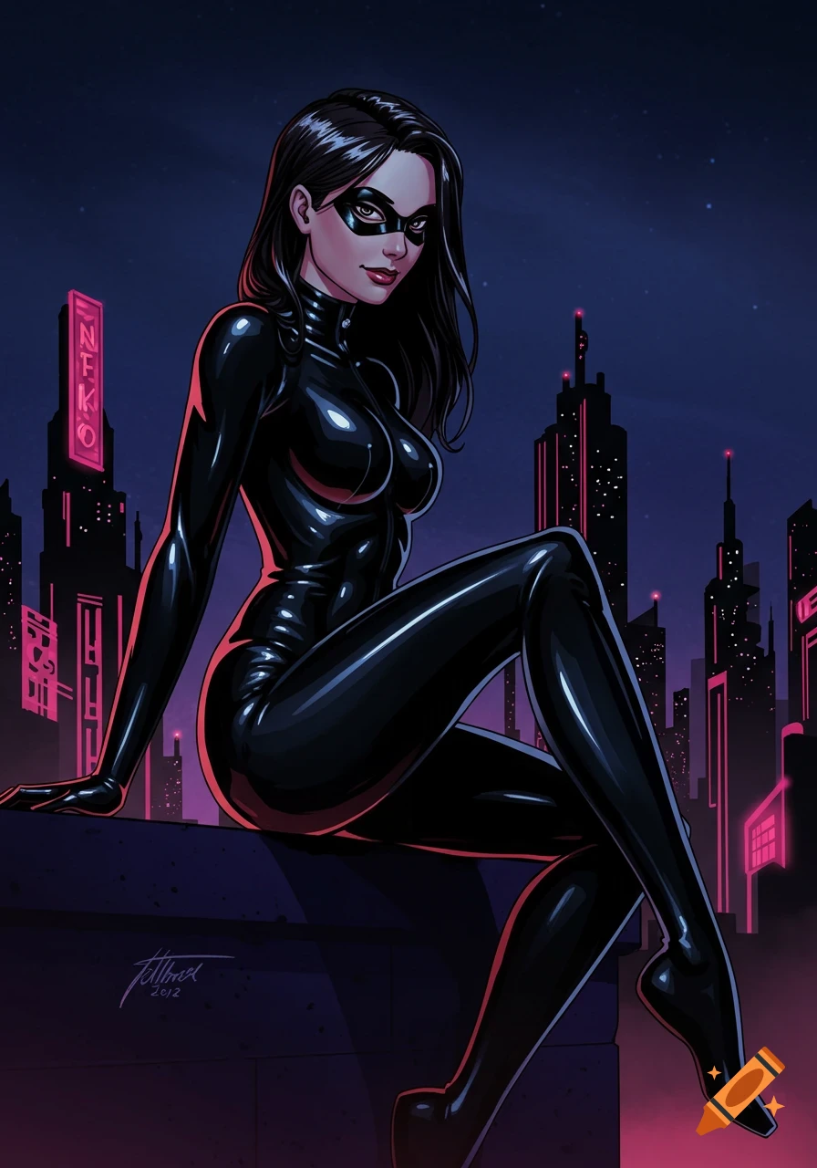 Catwoman in a peeled banana costume strikes a pose in a neon-lit alley ...