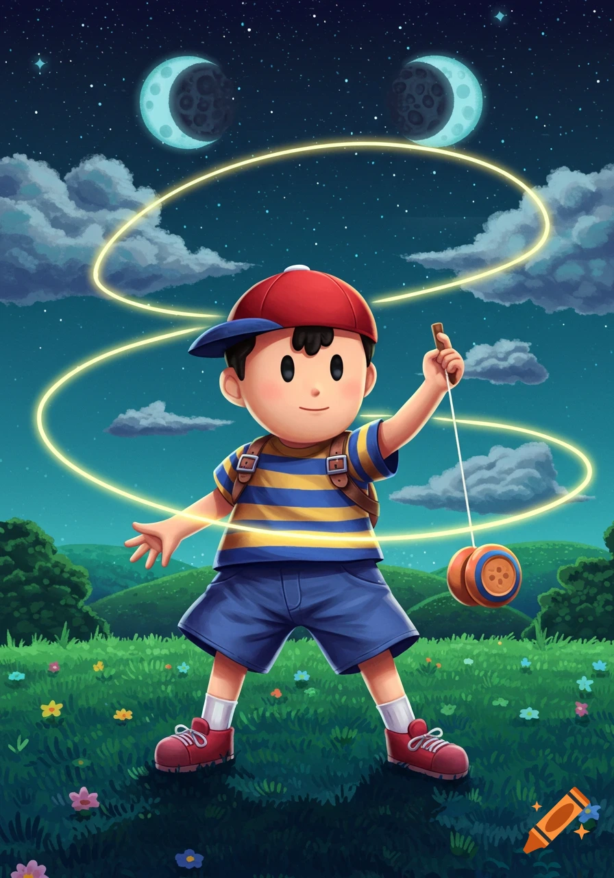 Cartoon of Frisk and Ness from video games standing under a colorful ...