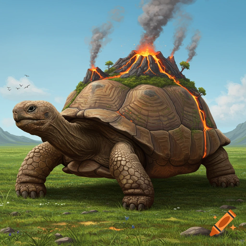 A giant tortoise with an erupting volcano on its shell stands in a lush ...