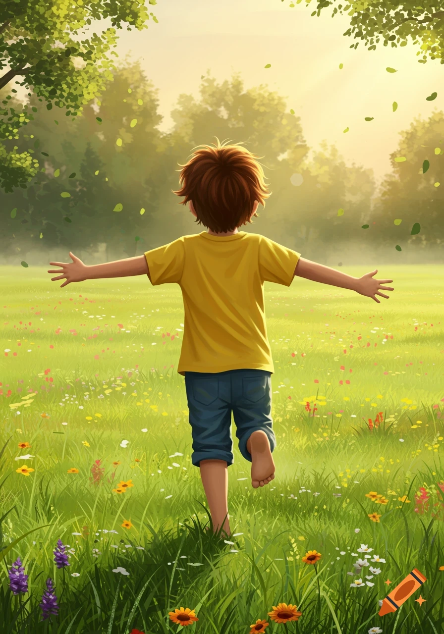 A young boy stands in a vibrant wildflower field at sunset, looking up ...