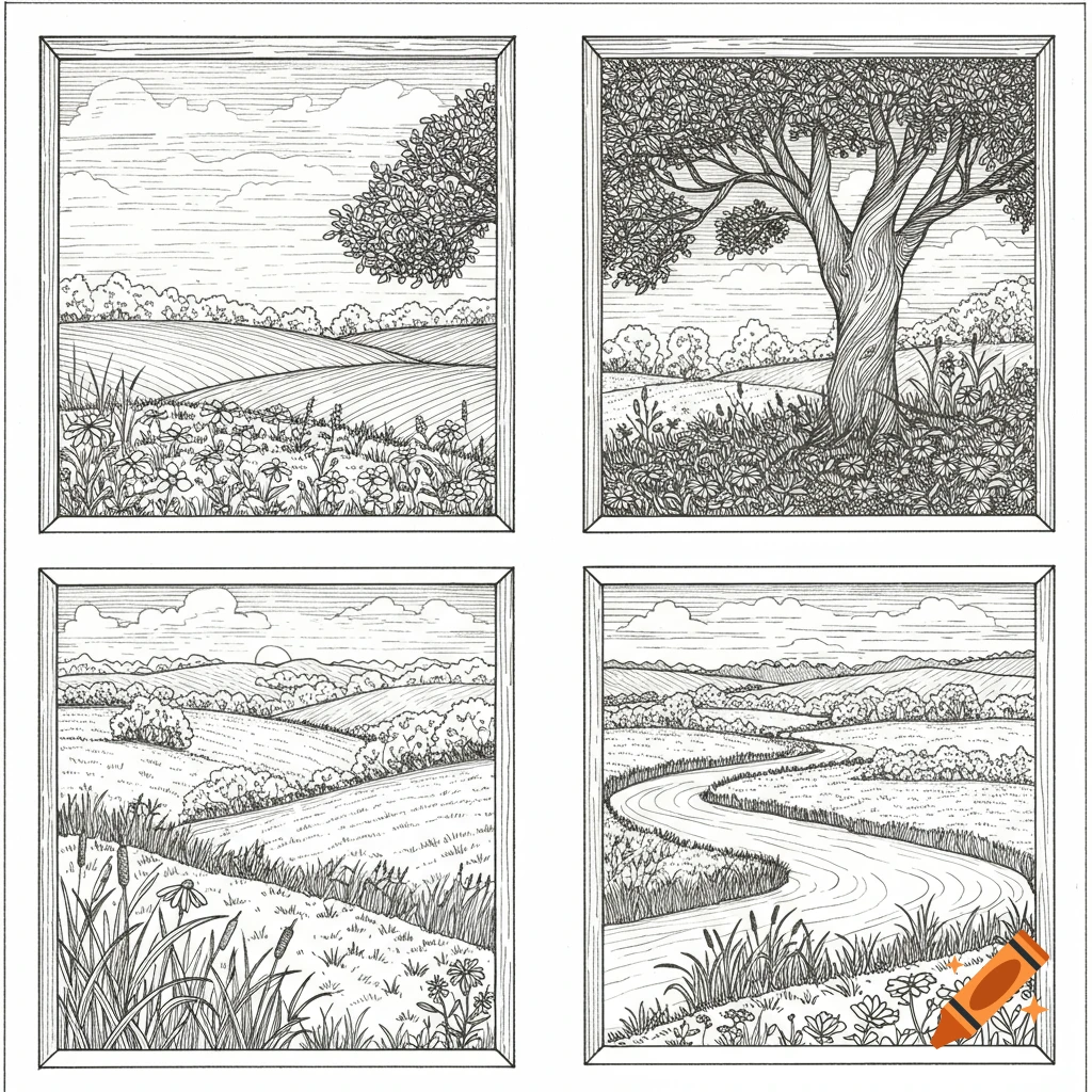 Black and white line drawing of a tree in a field with rolling hills ...