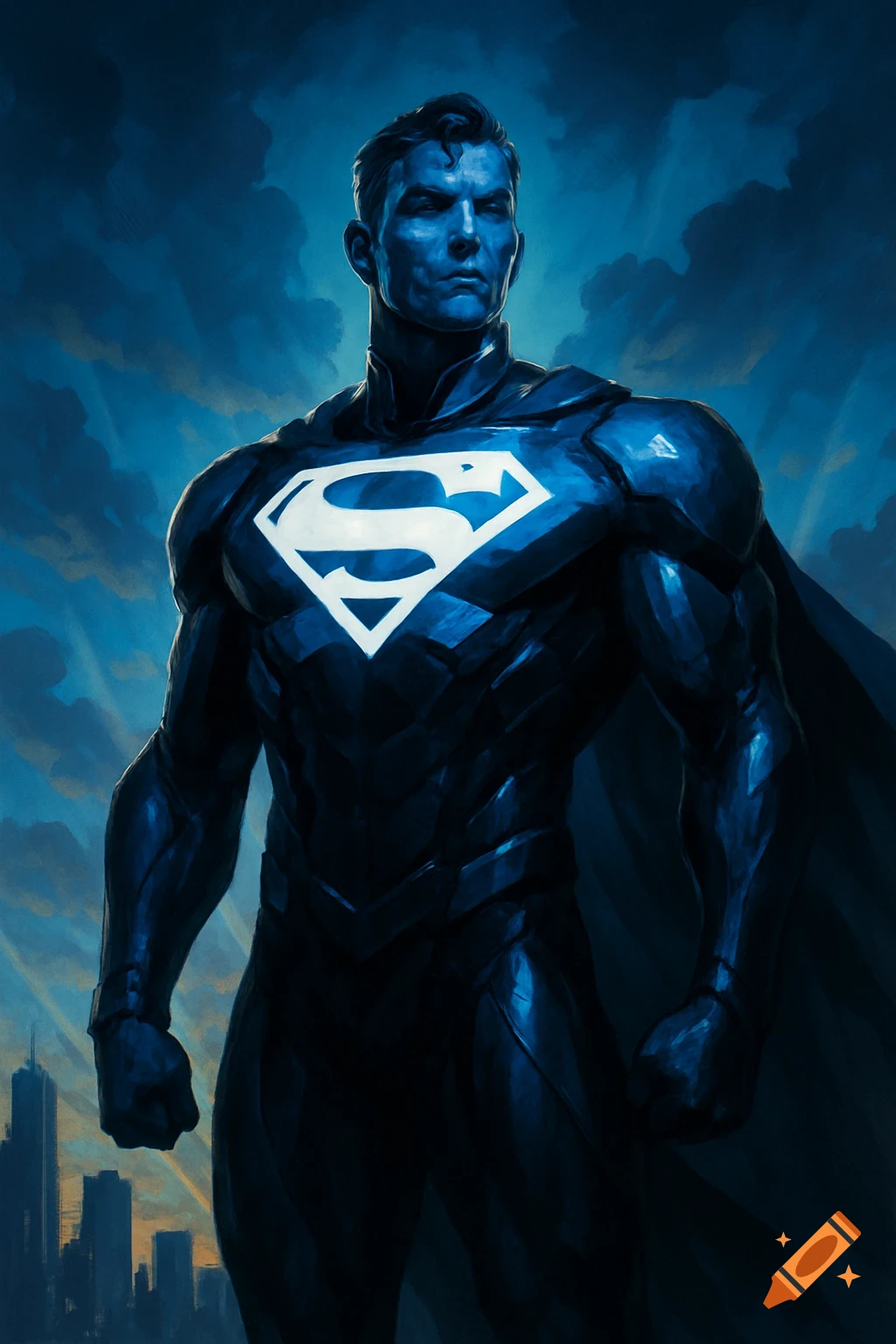 Stylized profile of Superman looking left under a bright sky, with the ...