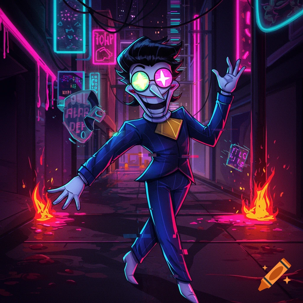 Cartoon of an evil blue-skinned man in a purple pinstripe suit, yellow ...