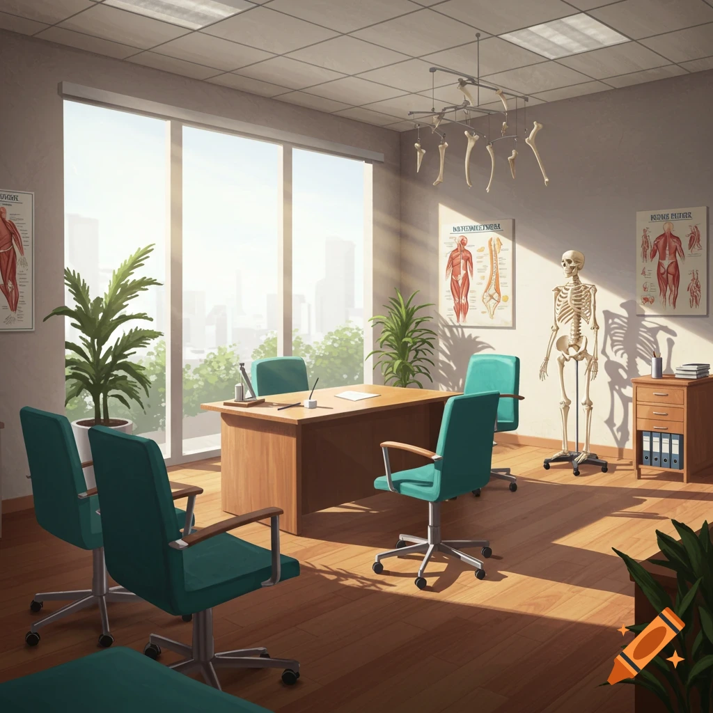 A sunny orthopedic doctor's office featuring a skeleton, anatomical ...