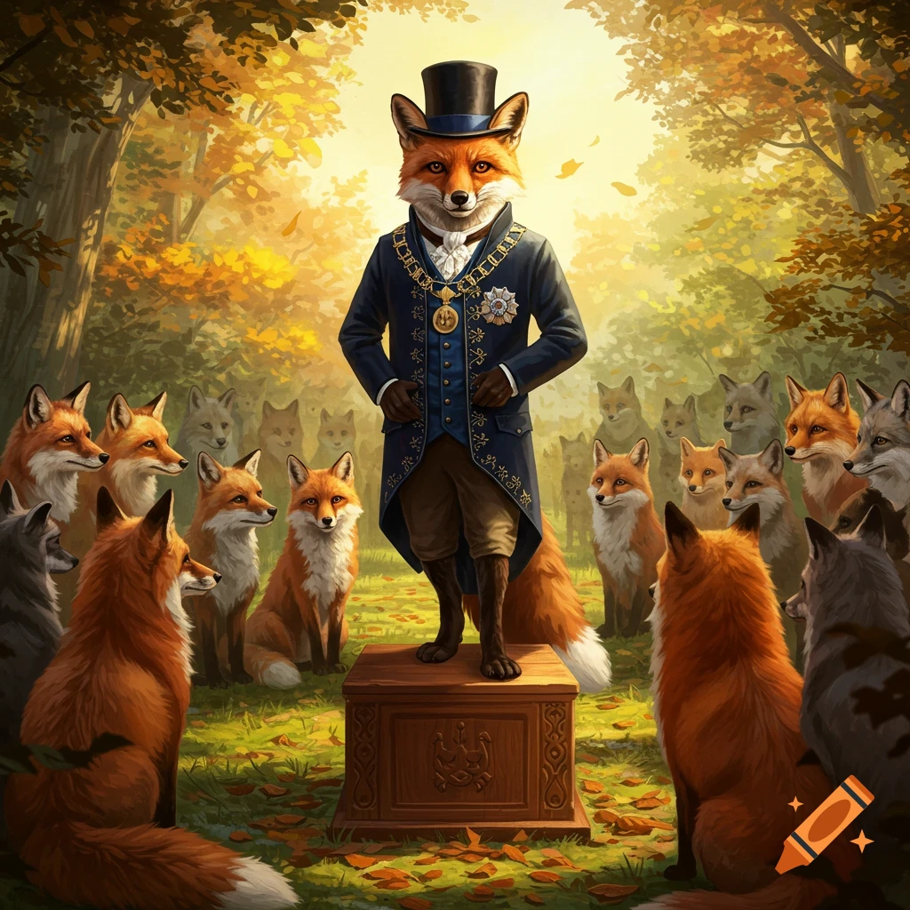 Cartoon wolf holding a puppy outside a grand building with 'THE WOLF ...