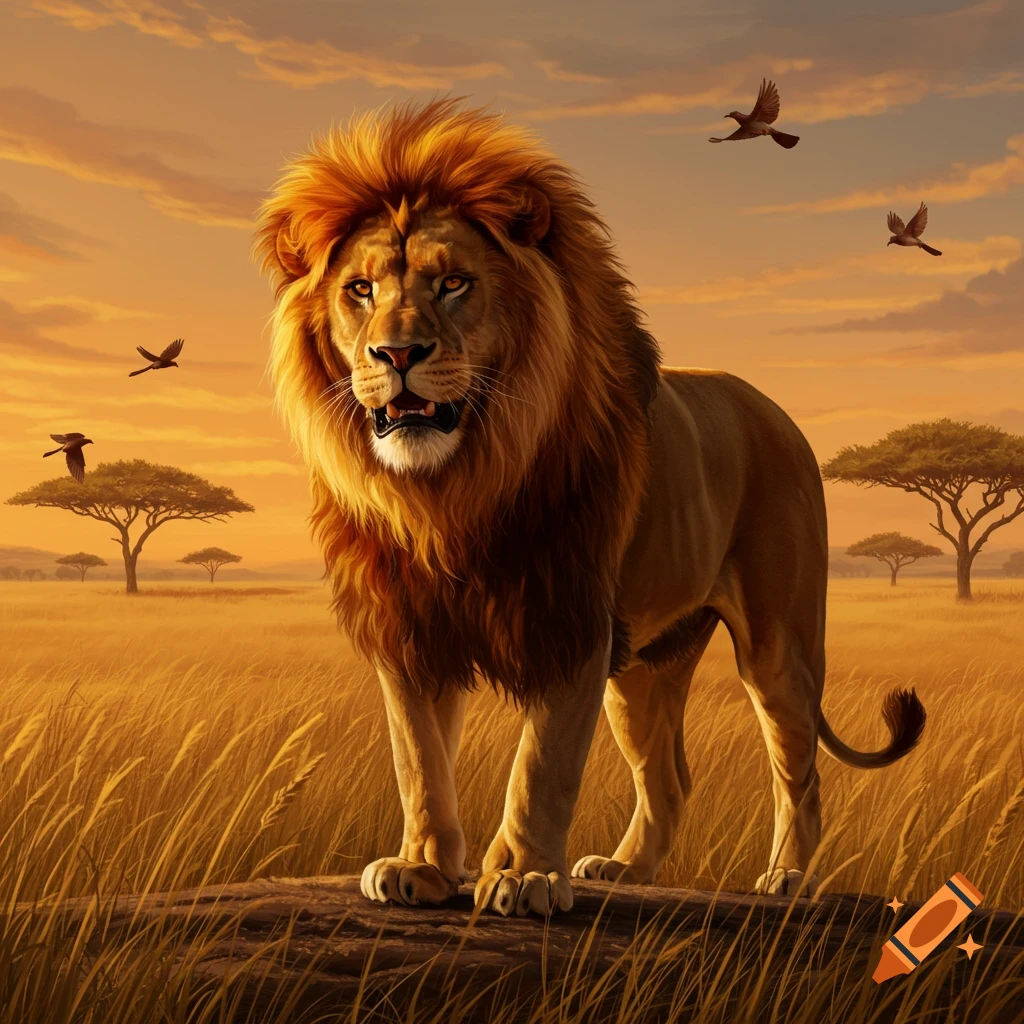 A photorealistic image of a male lion and a leopard facing each other ...