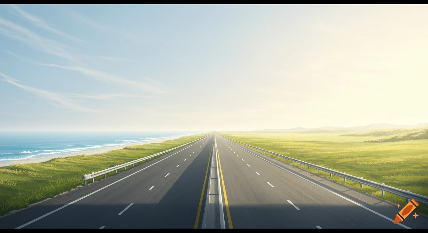 A long, straight road lined with majestic green trees, bathed in the ...