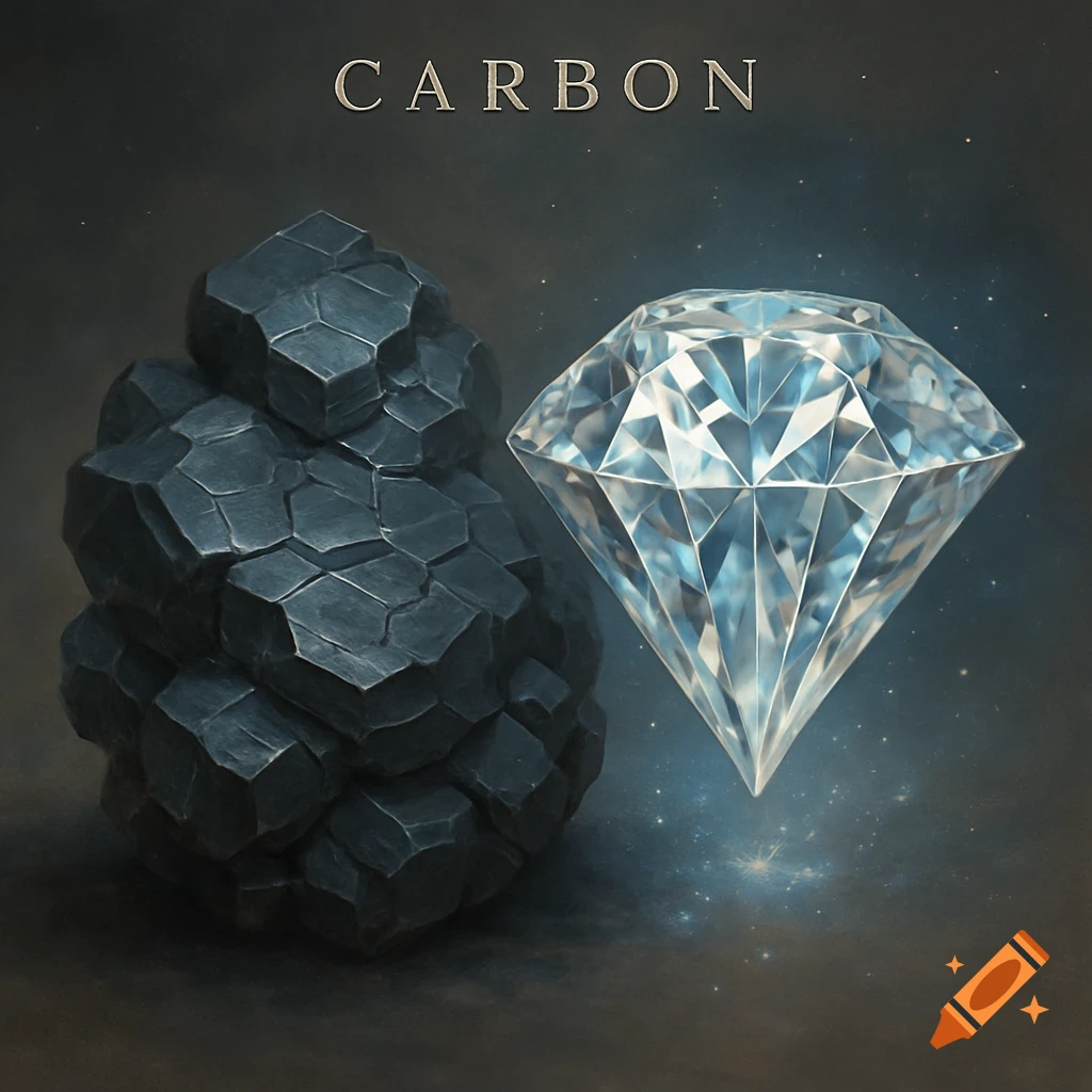 The word 'CARBON' above a textured chunk of graphite and a brilliant ...