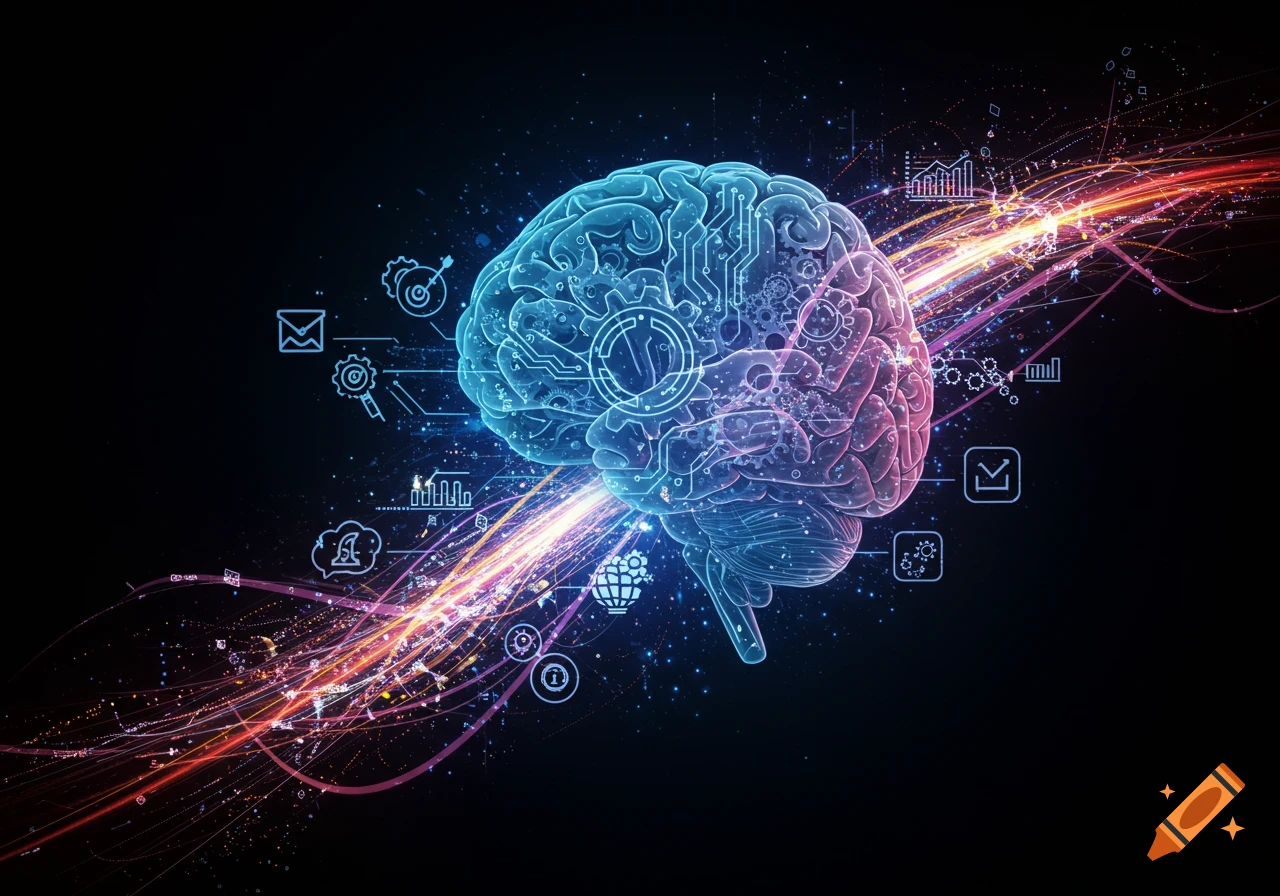 A 3D render of a human brain with golden circuit lines and the word ...
