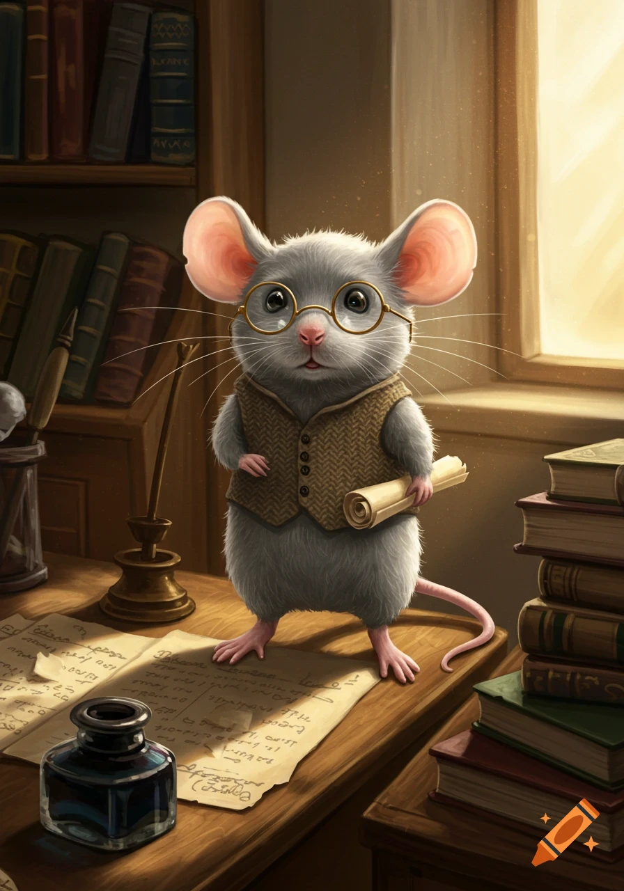 Cute cartoon mice sewing and knitting in a cozy wooden workshop, with ...