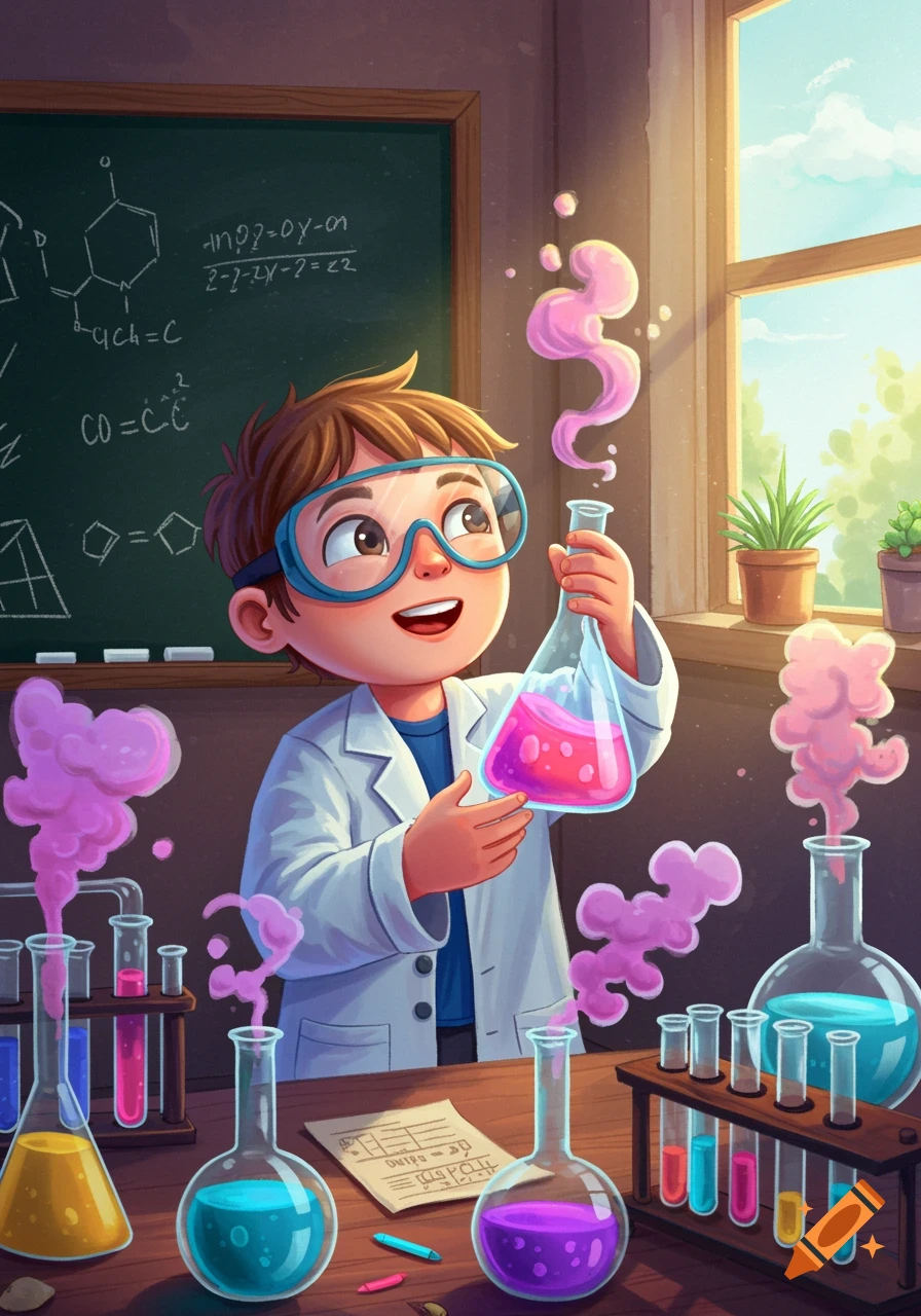 A photorealistic Elf on the Shelf sits in a chemistry lab among ...