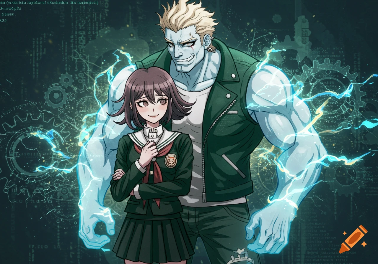 Two anime characters, a girl in a school uniform and a muscular man ...
