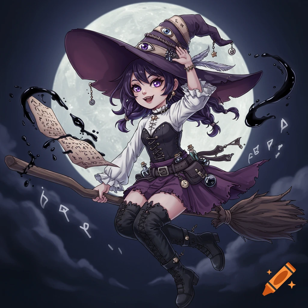 An anime witch with white hair and red highlights wears a black dress ...