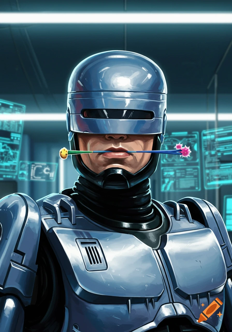Digital art illustration of Robocop holding a colorful pipe cleaner ...