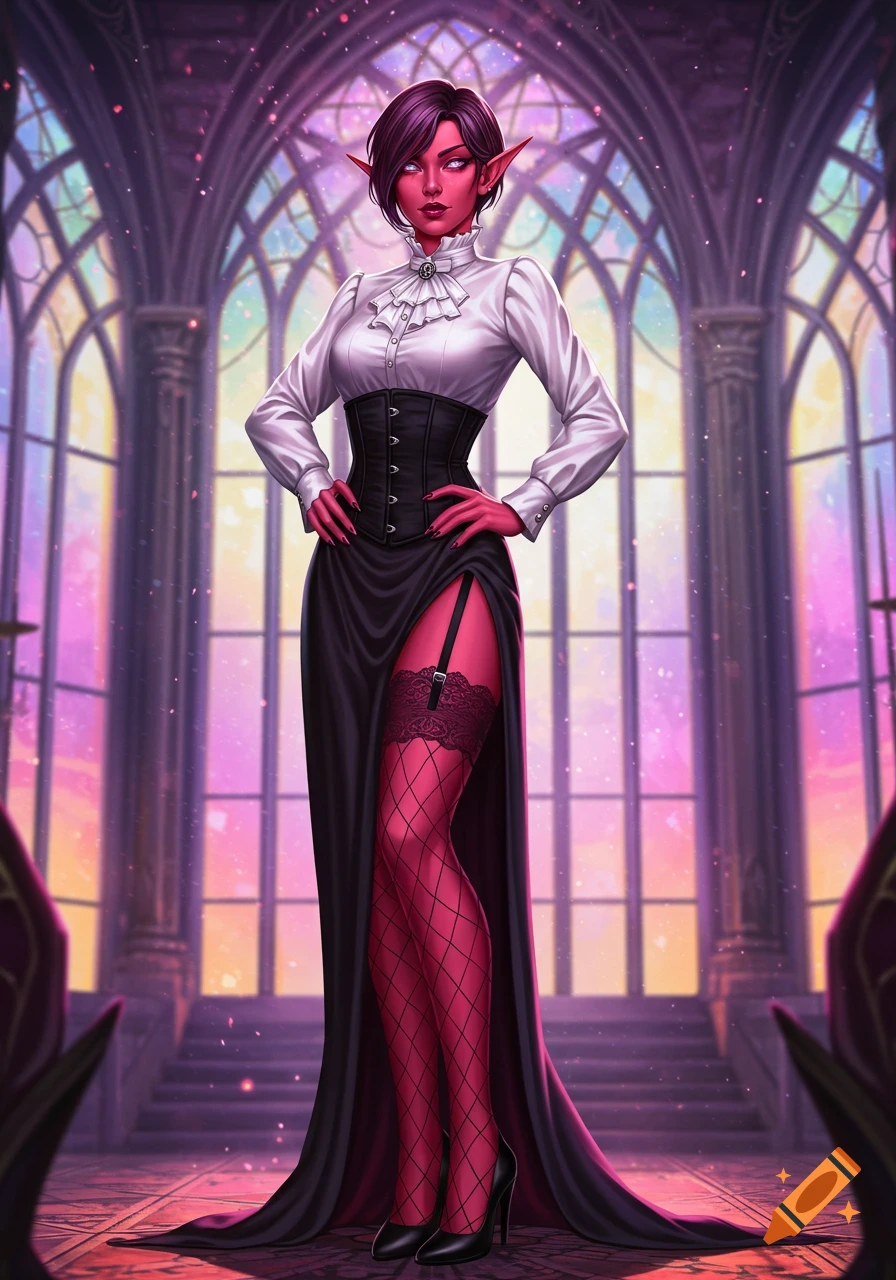 A red-skinned elf with dark hair and pink eyes, wearing a white blouse ...