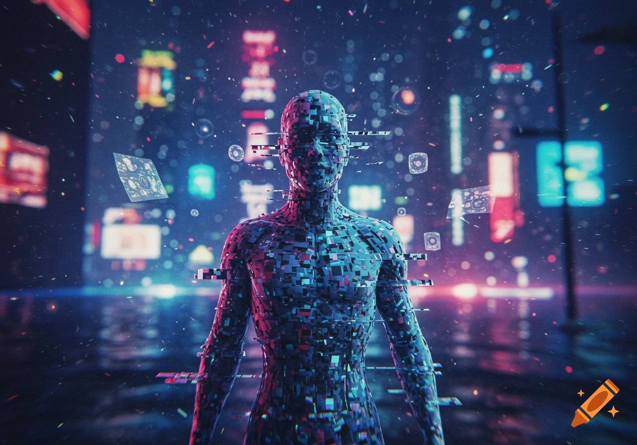 A digital glitch art humanoid figure stands in a neon-lit cyberpunk ...