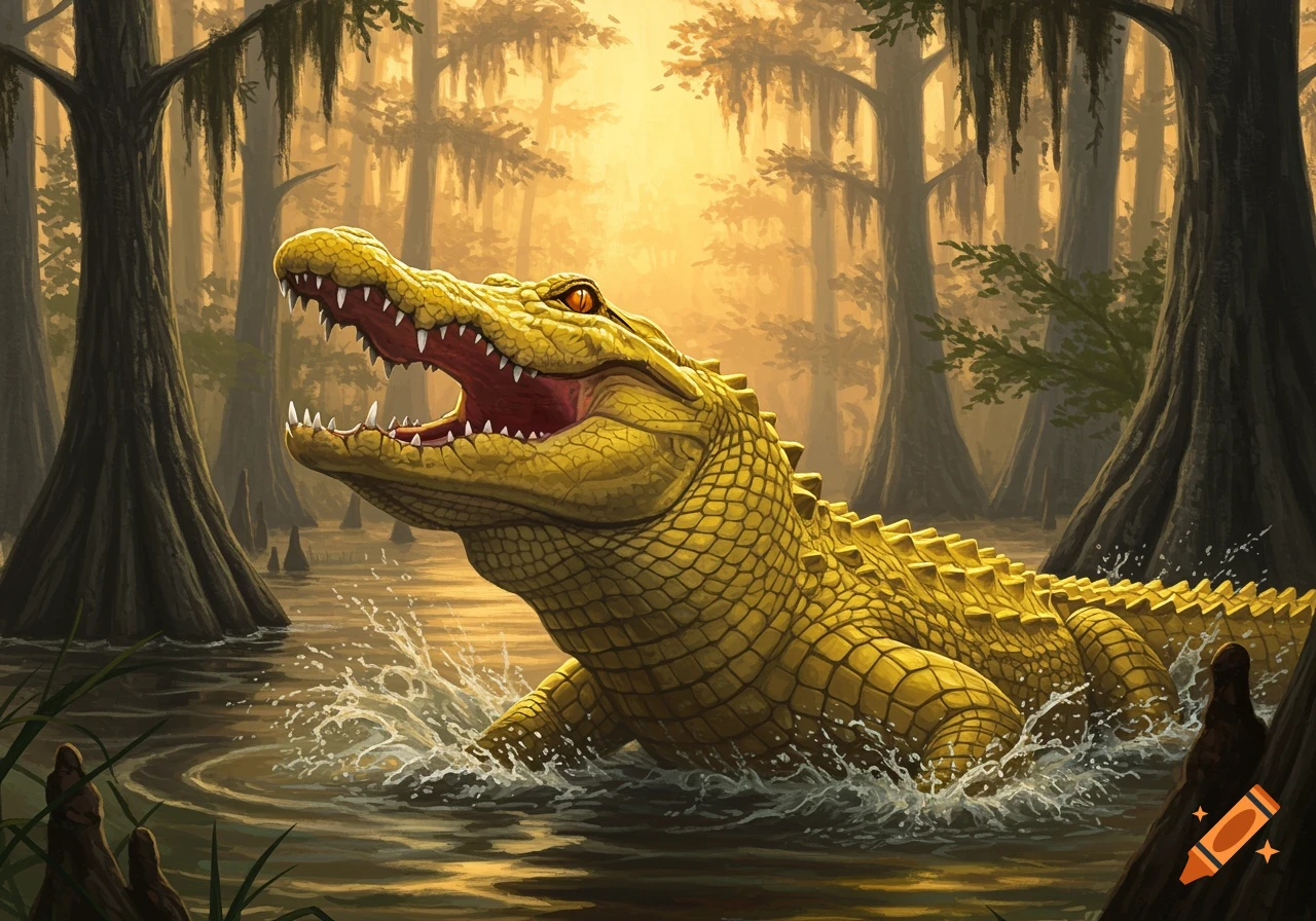A vibrant yellow alligator with an open mouth roars while splashing in ...