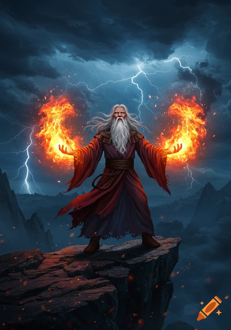 A powerful, old wizard with a long blonde beard and white robes holds a ...