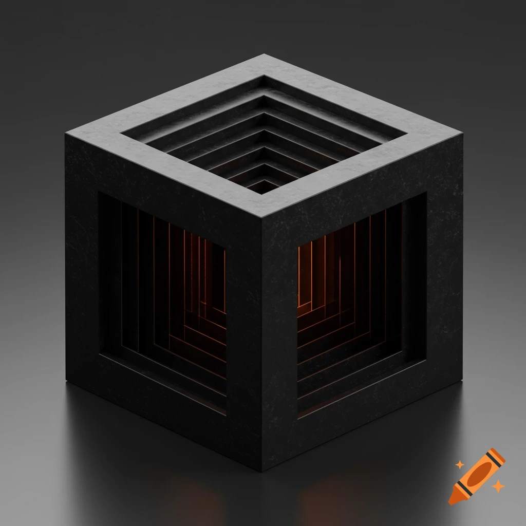 A dark abstract cube with nested square cutouts revealing an orange ...