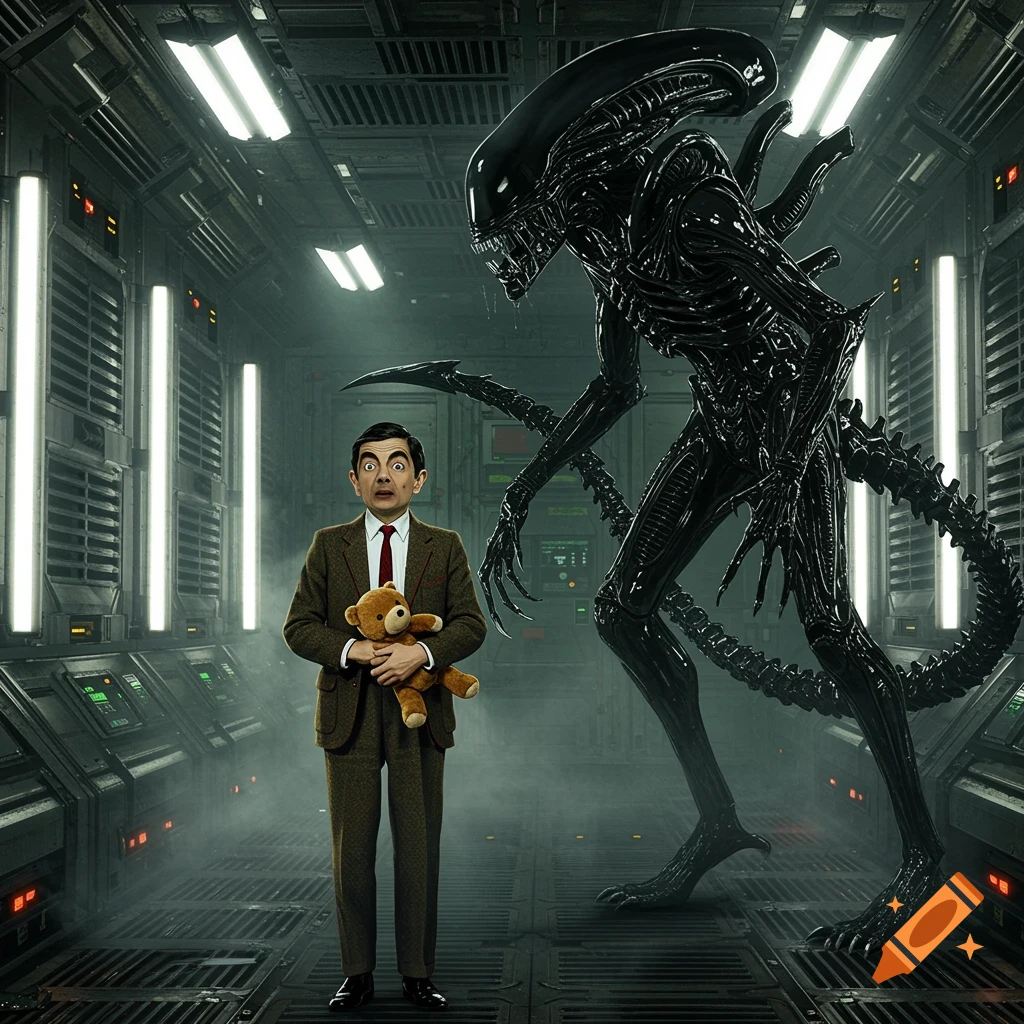 Photorealistic image of a scared Mr. Bean holding a teddy bear ...