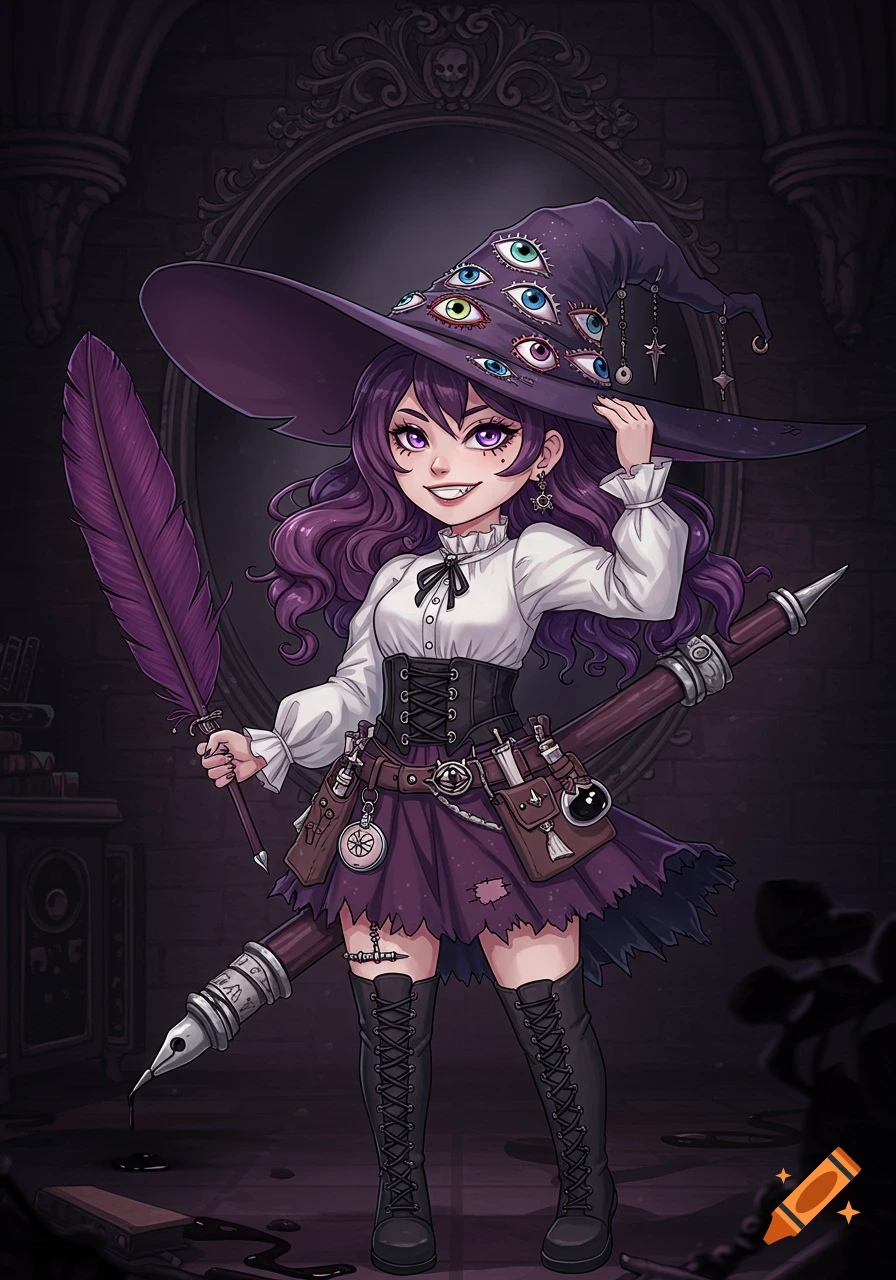 A graceful female character in a detailed gray and black fantasy jester ...