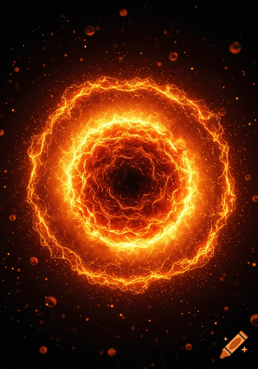 A vibrant orange and yellow fiery swirling vortex with stylized white ...