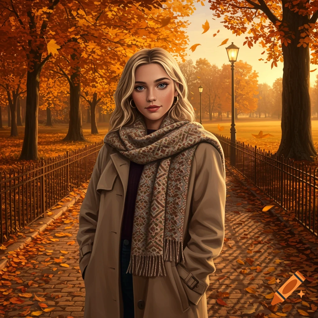 A blonde woman in a long, shiny white trench coat stands on an autumn ...