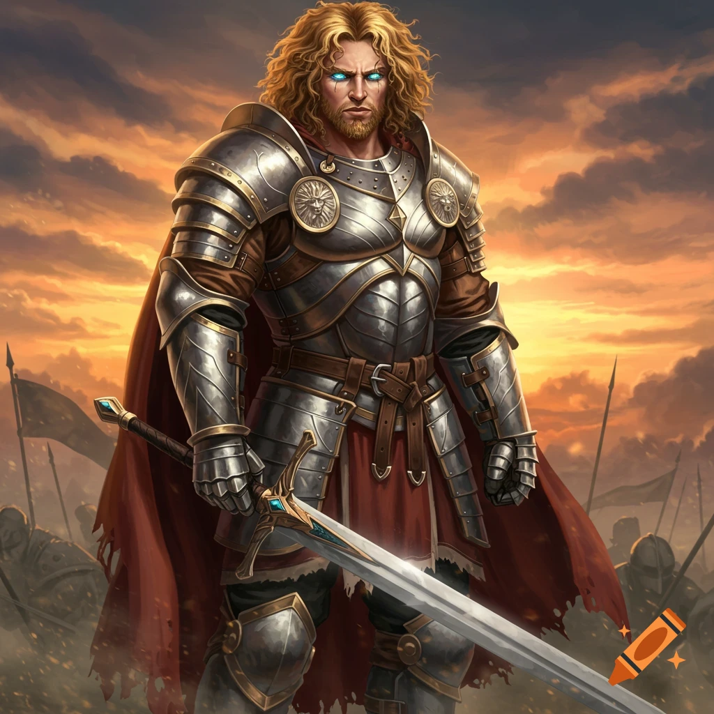 A powerful warrior in gleaming silver armor and helmet, with blue eyes ...