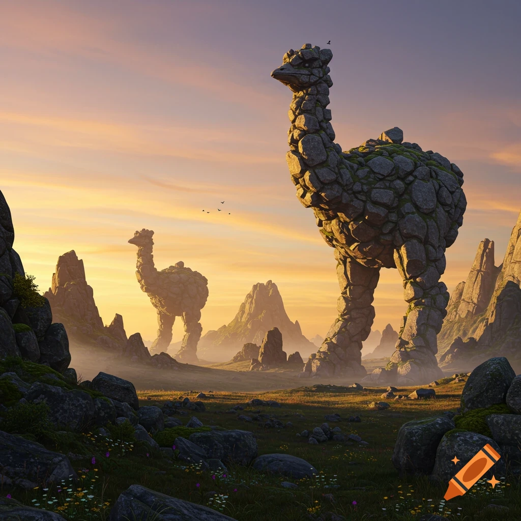 Tower in a rocky landscape with birds on Craiyon