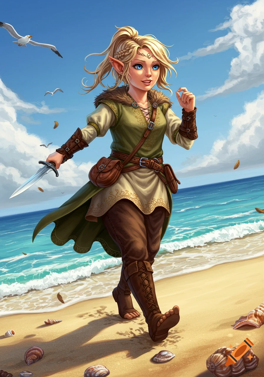 A determined dwarf girl with red braided hair and green eyes stands in ...