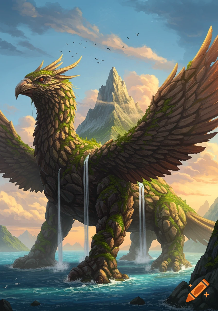 A large brown dragon with wide, reddish-brown wings stands majestically ...