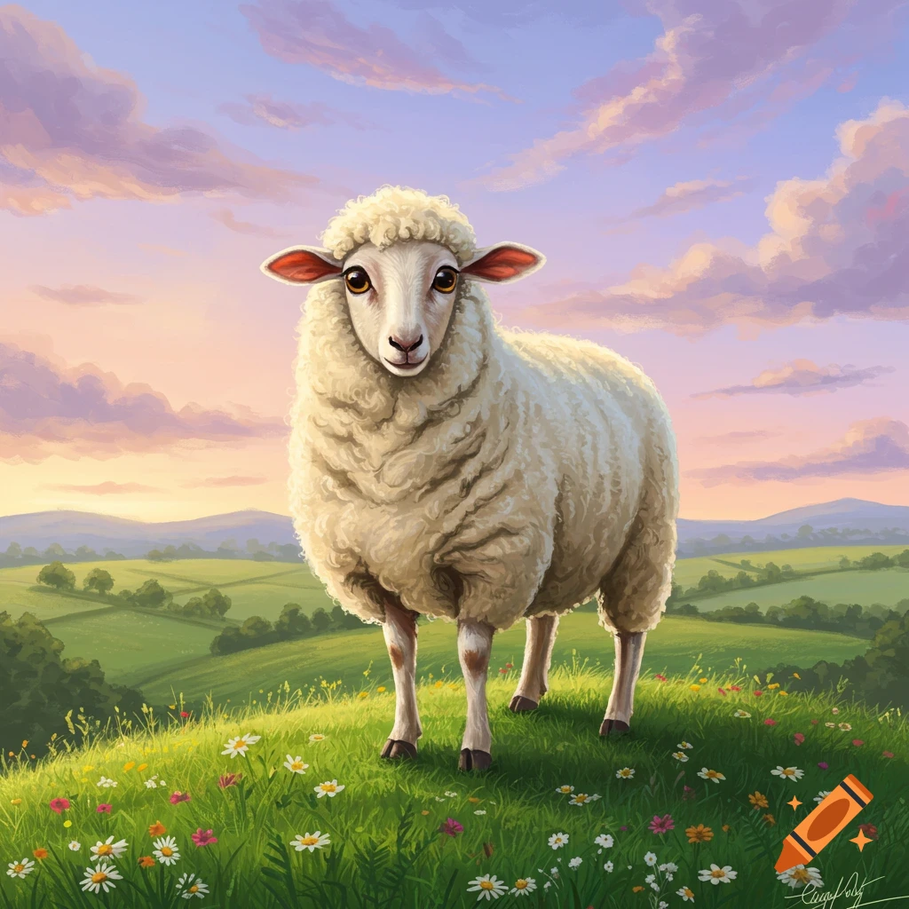 A stylized illustration of fluffy white sheep grazing in a moonlit ...