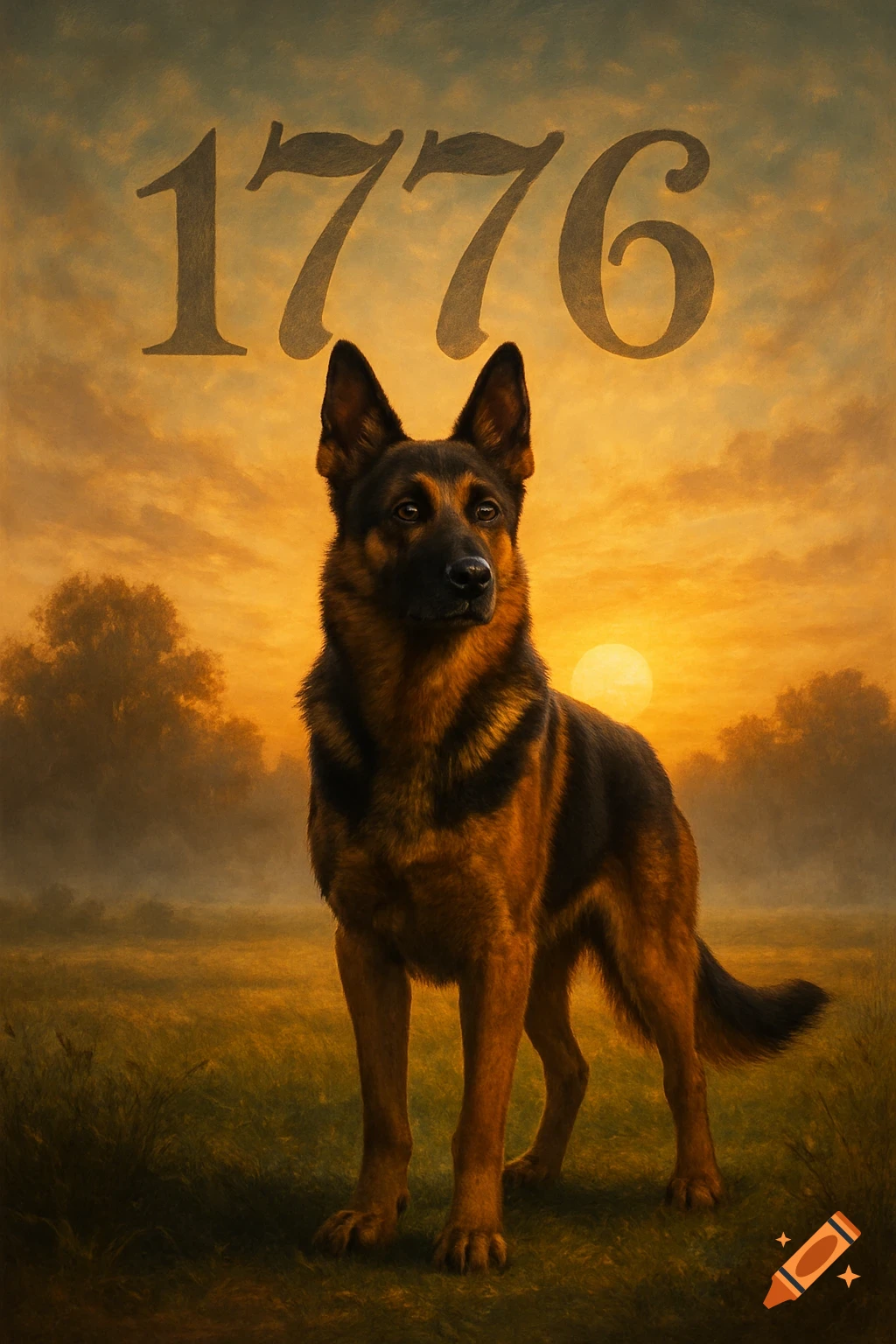 Black German Shepherd dog stands in a snowy field at night, looking up ...