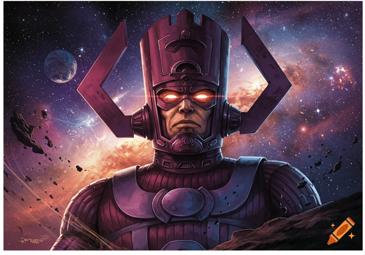Galactus, a purple cosmic being with an ornate helmet and glowing eyes ...