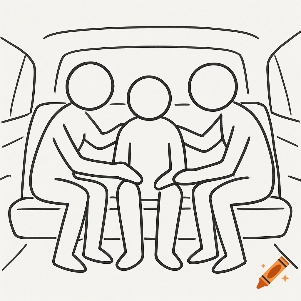 A row of 10 stick figures, two in the middle are shaded black. on Craiyon