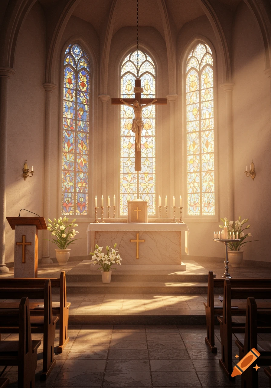 An ornate church interior with a congregation, stained-glass windows ...