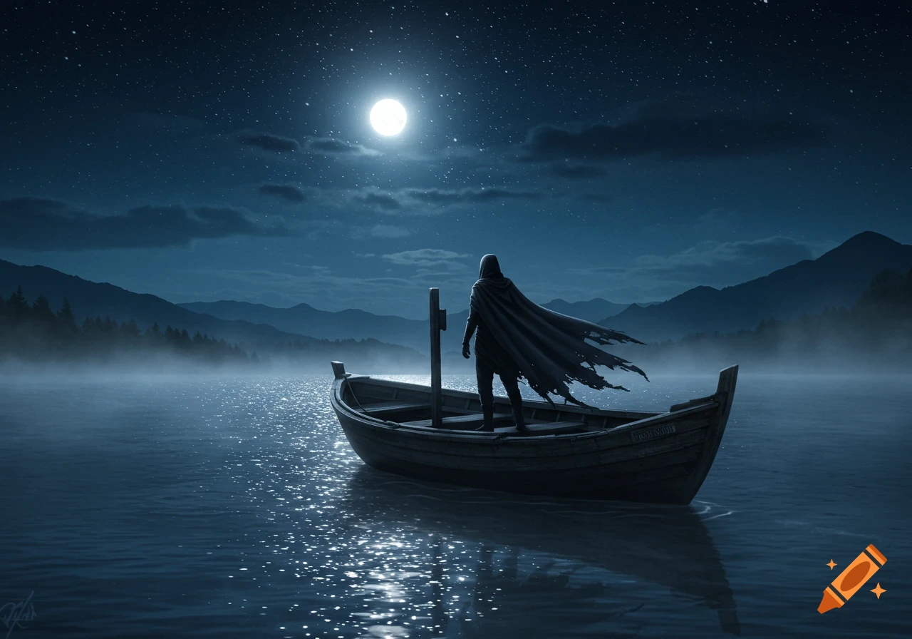 A witch in a dark cloak and pointed hat stands on a windswept hill ...