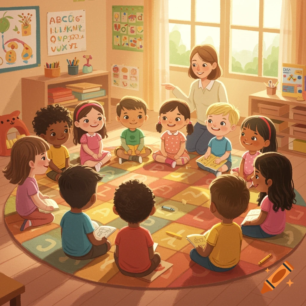 A smiling teacher reads a book to a group of diverse young children ...
