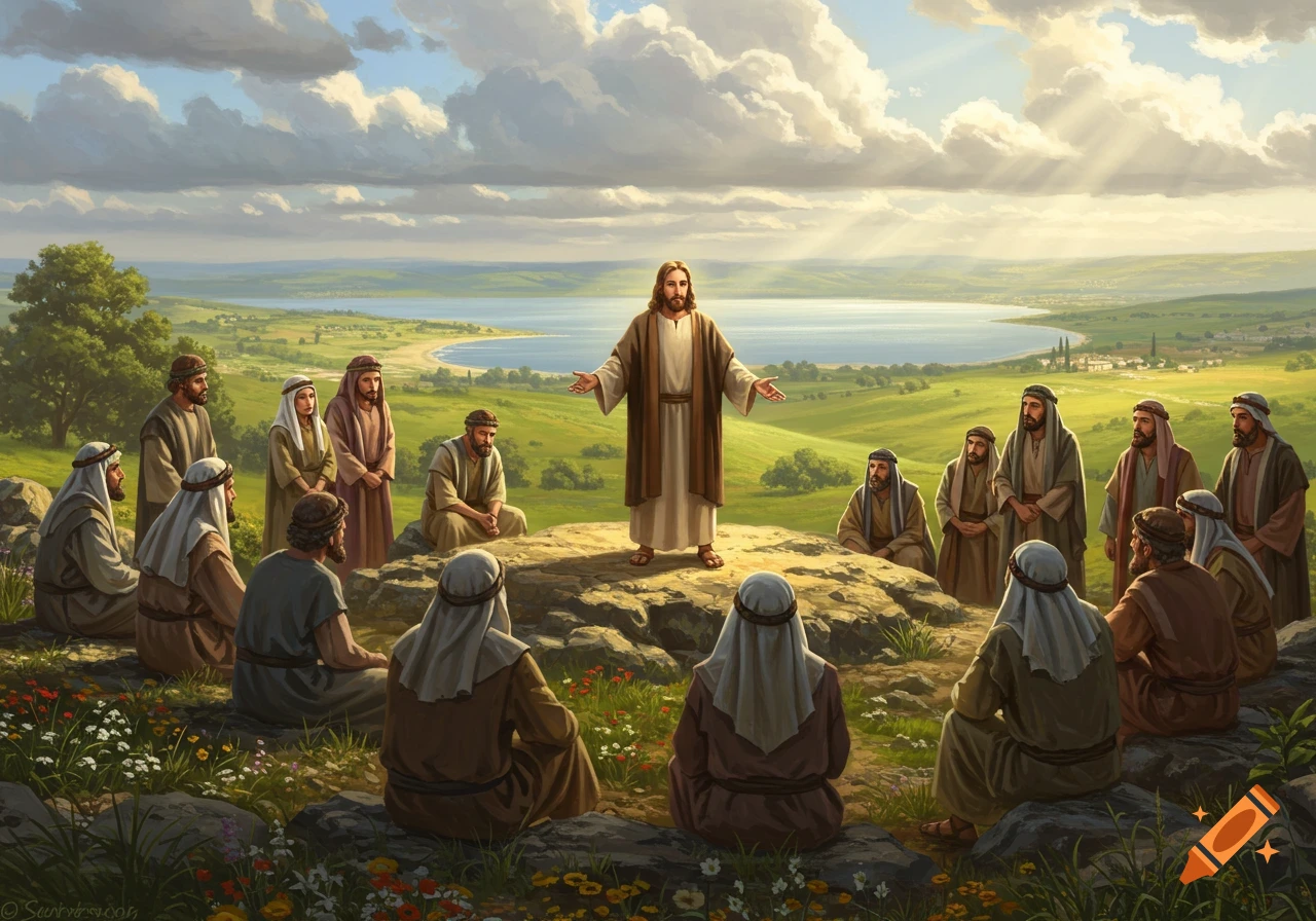 Jesus and his disciples in an illustrative painting. Jesus stands ...