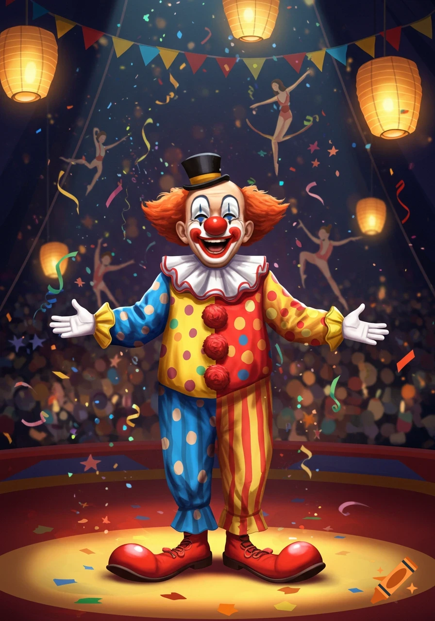 An unsettling clown with red curly hair, white face paint, and a ...