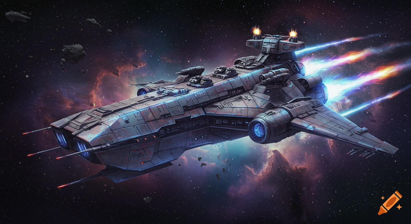 A detailed grey spaceship with glowing blue thrusters flies through ...