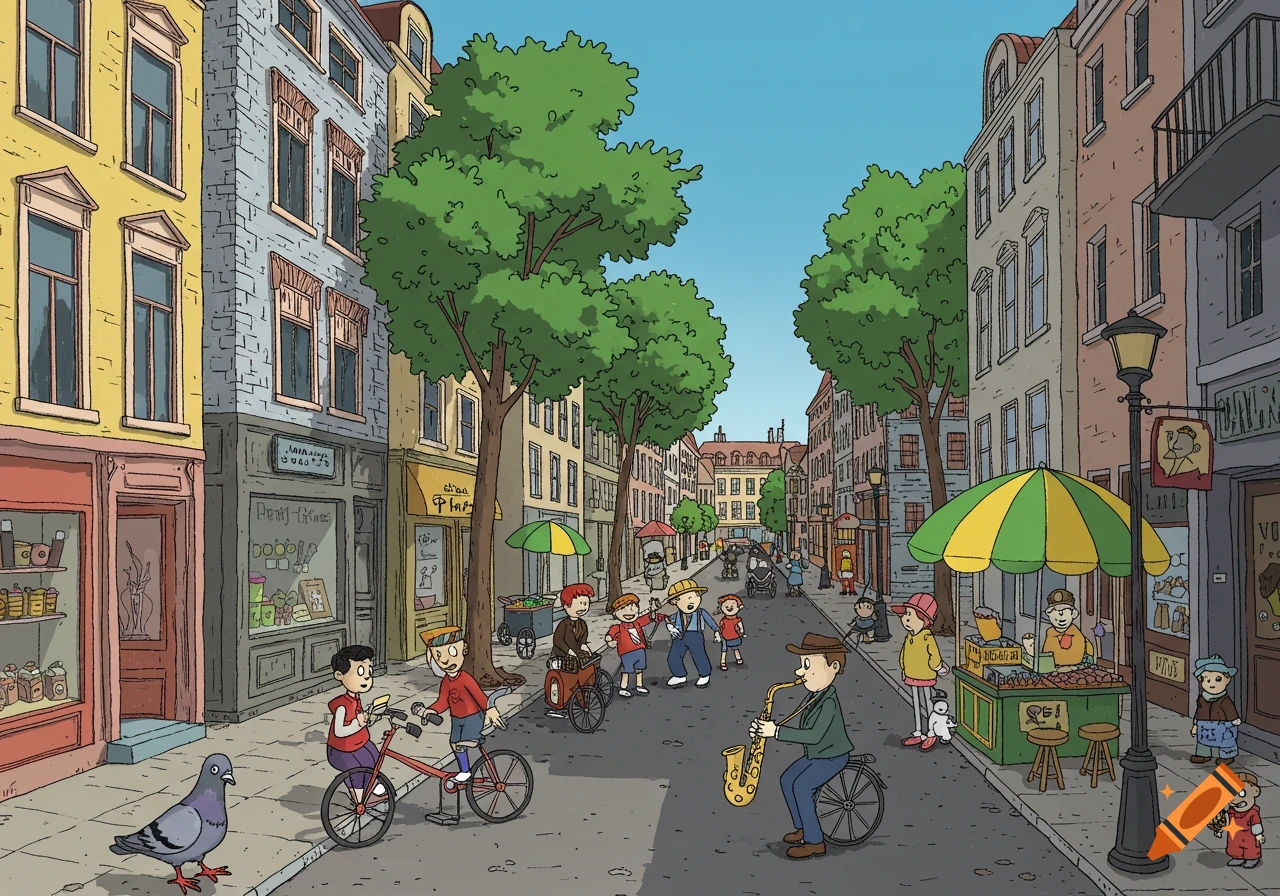 A comic-style illustration of a city street featuring historic churches, a modern LVM tower, and ...