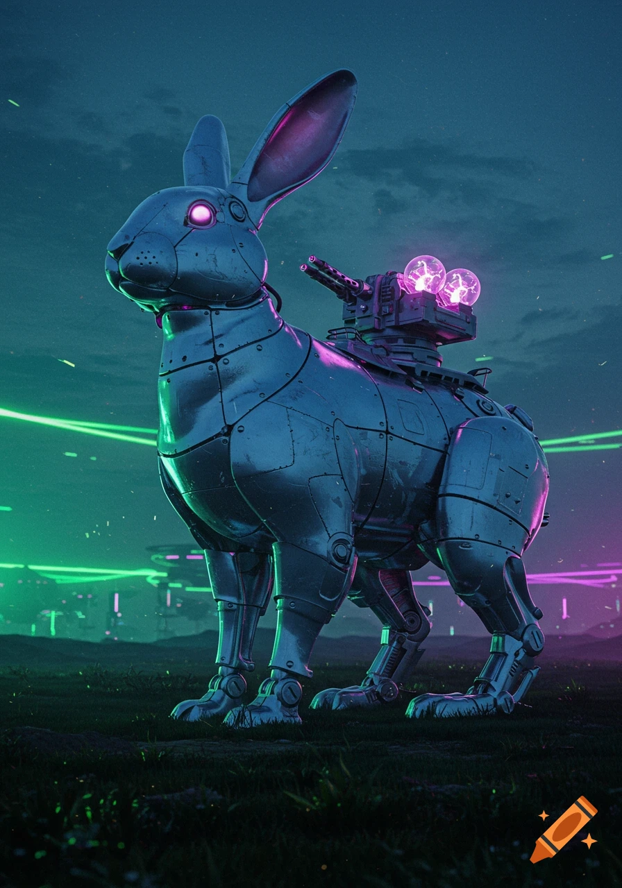 A metallic, light blue robotic rabbit with glowing pink eyes and a ...