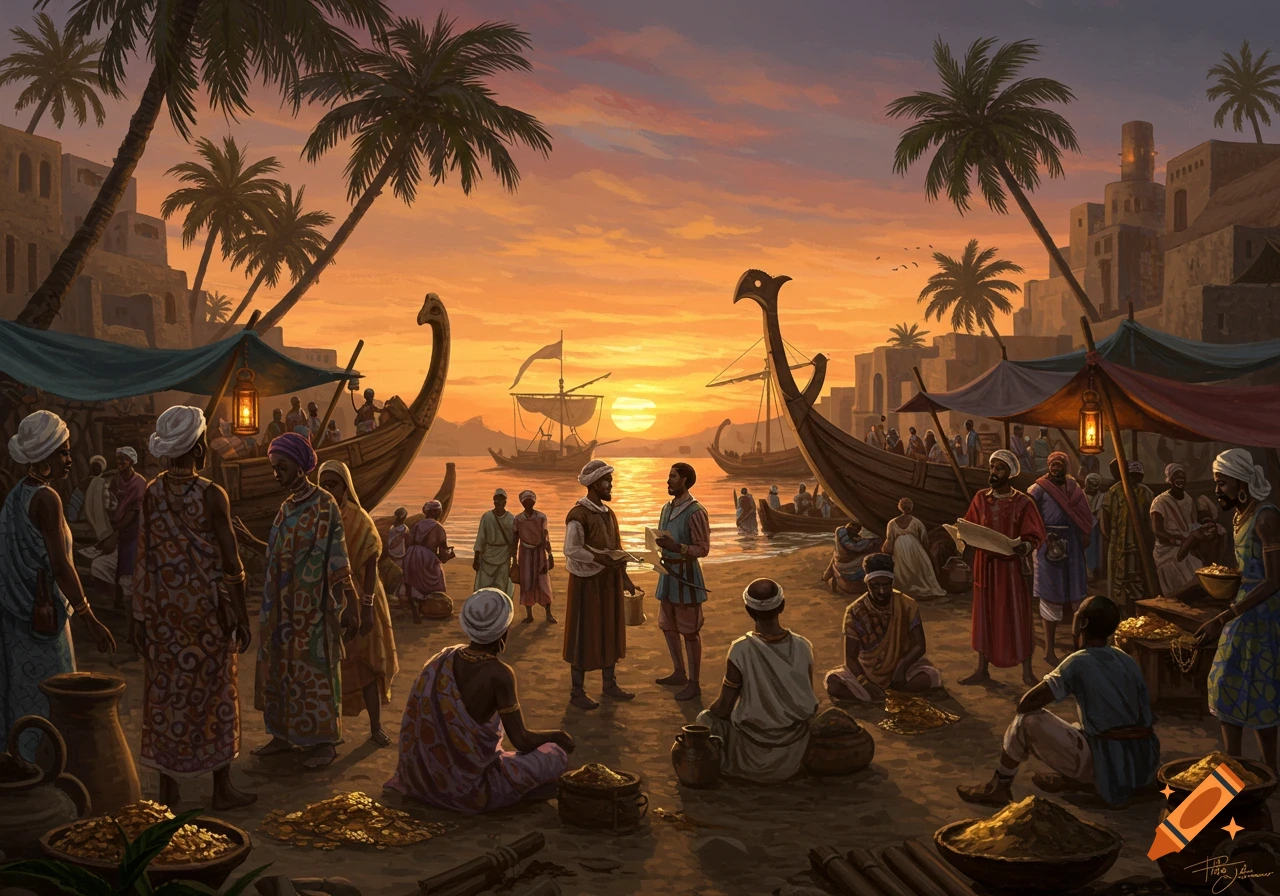 Ancient Egyptian archers in red and gold tunics fire arrows into a ...