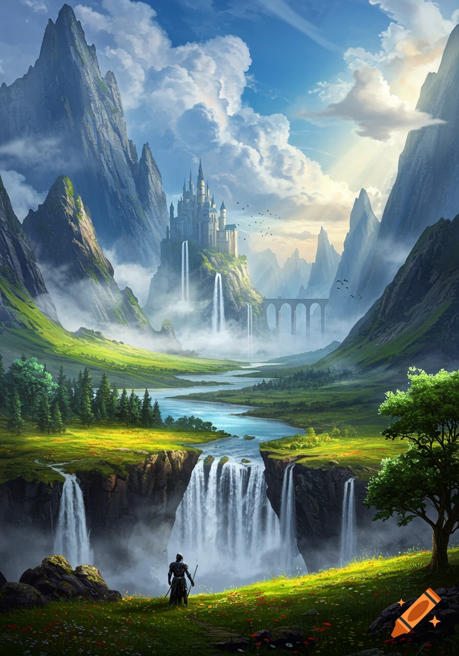 Vibrant, detailed fantasy landscape with floating islands, waterfalls ...