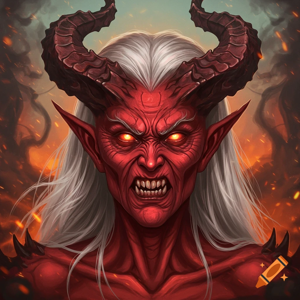 Close-up portrait of a man with red skin, horns, glowing yellow eyes ...