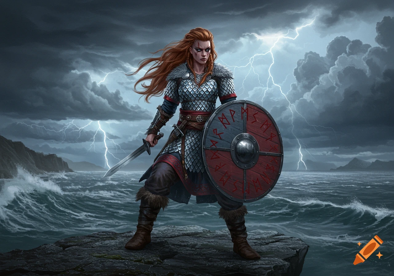 A powerful warrior in gleaming silver armor and helmet, with blue eyes ...