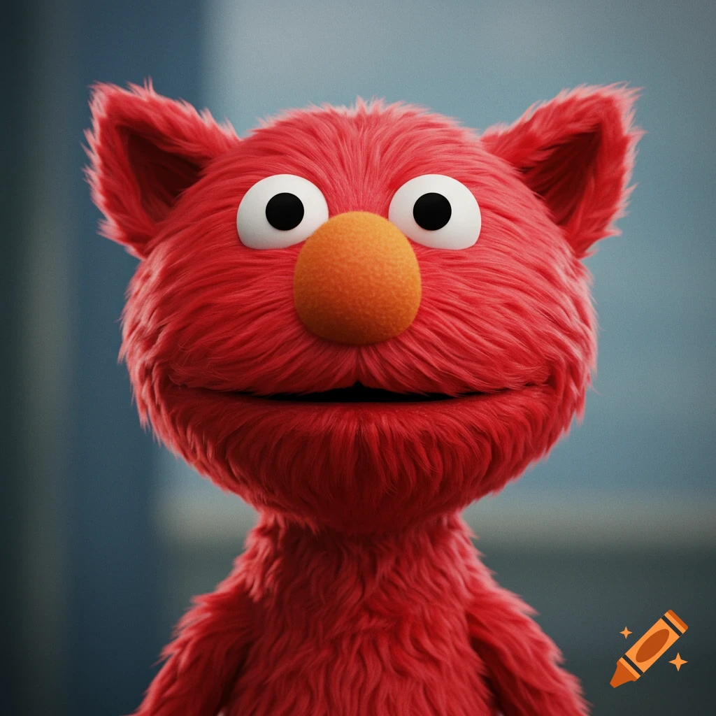 Close-up of an orange, furry puppet wearing a blue helmet and yellow ...