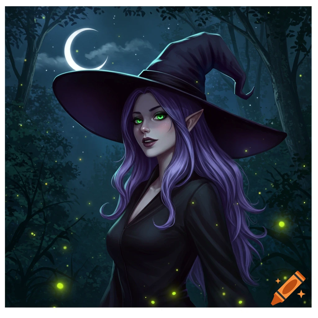 A white-haired witch in a white dress, purple cape, and hat holds a ...